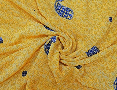 Peegli Indian Vintage Yellow Saree Paisley Pattern Sequins Work Sari Georgette DIY Craft Fabric