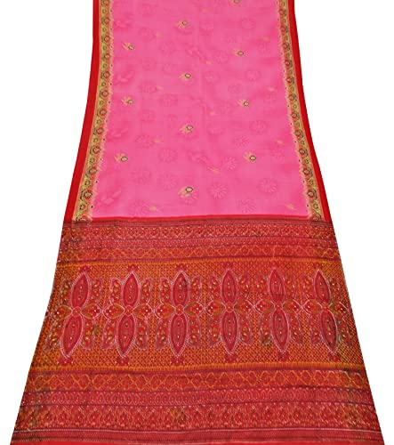 Peegli Vintage Pink Saree Floral Printed Dress Wrap Fabric Silk Blend DIY Craft Sari