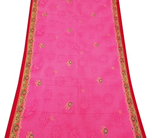 Peegli Vintage Pink Saree Floral Printed Dress Wrap Fabric Silk Blend DIY Craft Sari