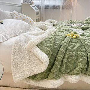 Fleece Plush Throw Blanket, Green Tufted Striped Pattern Fuzzy Sherpa Bed Throw, Soft Fluffy Warm Winter Blanket for Bed Sofa Couch Car 50x60 Inches