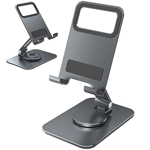 Teskyer 360 Degree Rotatable Cell Phone Stand, Hight and Angle Adjustable Phone/Tablets Holder, Foldable Desktop Phone Stand, Compatible with All Mobile Phones, iPhone 14, iPad, Tablets, Gray