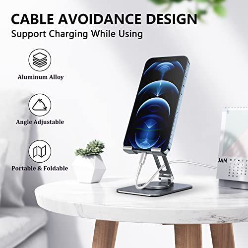 Teskyer 360 Degree Rotatable Cell Phone Stand, Hight and Angle Adjustable Phone/Tablets Holder, Foldable Desktop Phone Stand, Compatible with All Mobile Phones, iPhone 14, iPad, Tablets, Gray