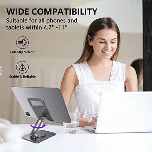 Teskyer 360 Degree Rotatable Cell Phone Stand, Hight and Angle Adjustable Phone/Tablets Holder, Foldable Desktop Phone Stand, Compatible with All Mobile Phones, iPhone 14, iPad, Tablets, Gray