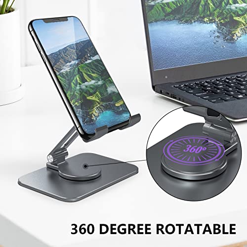 Teskyer 360 Degree Rotatable Cell Phone Stand, Hight and Angle Adjustable Phone/Tablets Holder, Foldable Desktop Phone Stand, Compatible with All Mobile Phones, iPhone 14, iPad, Tablets, Gray