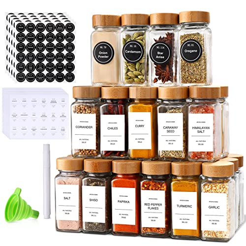 DIMBRAH Spice Jars with Label-4oz 36Pcs, Glass Spice Jars with Bamboo Lids, Container Set with White Printed Labels,Kitchen Empty Jars with Shaker Lids