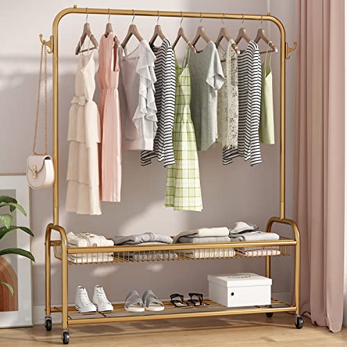 Thick forest Gold Clothes Rack Gold Clothing Rack Gold Garment Rack Rolling Organizer with Wheels Bottom Shelves Double Tiers for Multipurpose