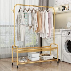 Thick forest Gold Clothes Rack Gold Clothing Rack Gold Garment Rack Rolling Organizer with Wheels Bottom Shelves Double Tiers for Multipurpose