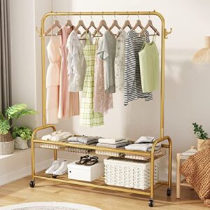 Thick forest Gold Clothes Rack Gold Clothing Rack Gold Garment Rack Rolling Organizer with Wheels Bottom Shelves Double Tiers for Multipurpose