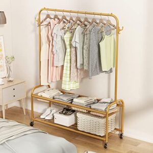 Thick forest Gold Clothes Rack Gold Clothing Rack Gold Garment Rack Rolling Organizer with Wheels Bottom Shelves Double Tiers for Multipurpose