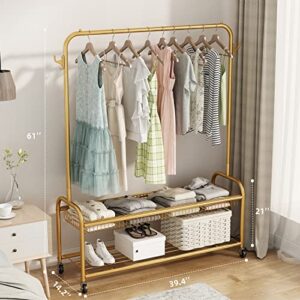 Thick forest Gold Clothes Rack Gold Clothing Rack Gold Garment Rack Rolling Organizer with Wheels Bottom Shelves Double Tiers for Multipurpose