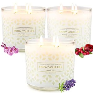 candles for home scented, 3 pack 3 wick large jar soy candle with lid, 14.5oz lavender & berries & orange blossom aromatherapy candle gift set bath and body works candles