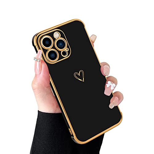 MZELQ Compatible with iPhone 14 Pro Max Case for Women Cute Luxury Love Heart Pattern Design Full Camera Protection Soft TPU Reinforced Corners Protective Plating Edge Phone Case 6.7" 2022 - Black