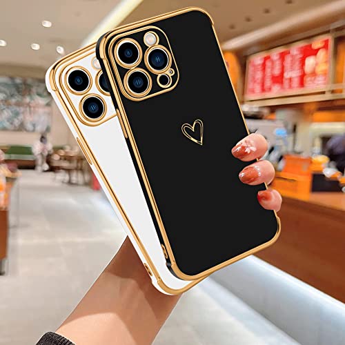 MZELQ Compatible with iPhone 14 Pro Max Case for Women Cute Luxury Love Heart Pattern Design Full Camera Protection Soft TPU Reinforced Corners Protective Plating Edge Phone Case 6.7" 2022 - Black