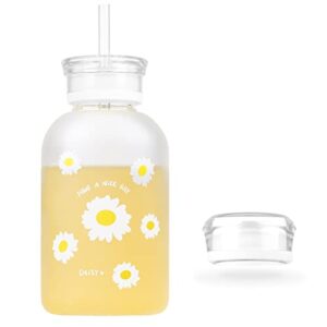 whjy 16oz cute water bottle, matte glass water bottle with straw, milk juice glass water bottle with scale, with 2 lids, little daisy sunflower matte portable water cup - matte 6 sunflowers