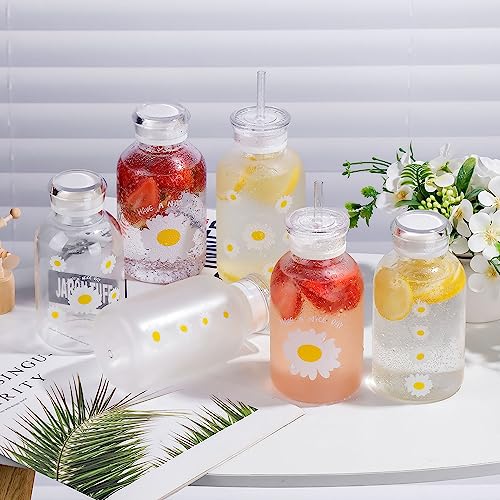 WHJY 16oz Cute Water Bottle, Matte Glass Water bottle with Straw, Milk Juice Glass Water Bottle with Scale, with 2 Lids, Little Daisy Sunflower Matte Portable Water Cup - Clear 4 Sunflowers