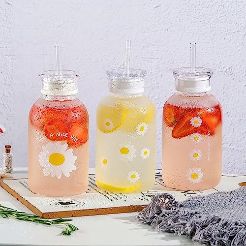 WHJY 16oz Cute Water Bottle, Matte Glass Water bottle with Straw, Milk Juice Glass Water Bottle with Scale, with 2 Lids, Little Daisy Sunflower Matte Portable Water Cup - Clear 4 Sunflowers