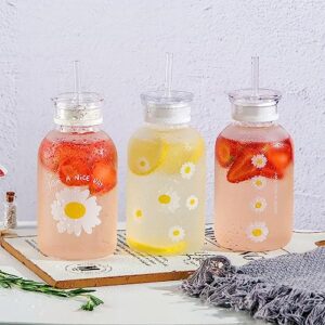 WHJY 16oz Cute Water Bottle, Matte Glass Water bottle with Straw, Milk Juice Glass Water Bottle with Scale, with 2 Lids, Little Daisy Sunflower Matte Portable Water Cup - Clear Sunflower