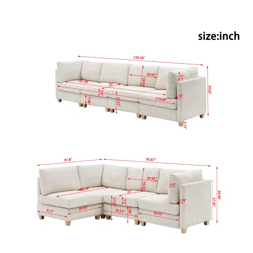 Yoglad Modern Free-Combination Sofa, Modular Couch with Cushion, Convertible Sectional Sofa Set, Comfortable Couch with Sturdy Wooden Leg, Furniture for Living Room (Beige, Corduroy Fabric, 126")