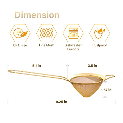 Eligara Fine Mesh Strainer with Handle - Copper Conical Strainers for Cocktail, Tea, Coffee & Drinks - Bar Stainless Steel High-Density Strainer Tool (Gold)