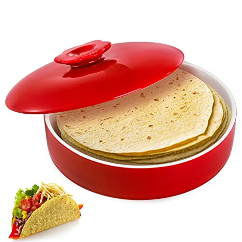 Lyellfe Ceramic Tortilla Warmer with Lid, 8.5 Inch Tortilla Server Holder Container, Hold up to 12 Tortillas,Red Taco Warmer for Taco Tuesday Night, Mexican Party, Microwave and Oven Safe