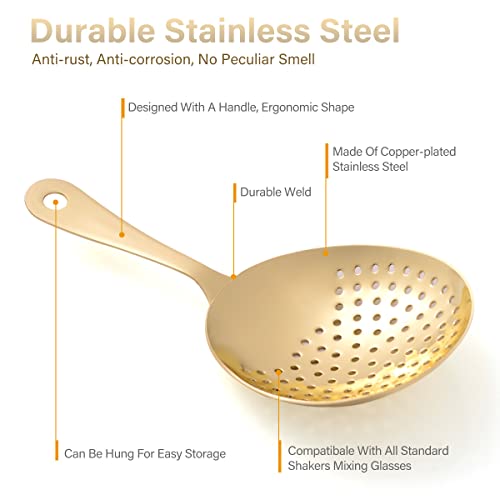 Eligara Julep Strainer - Cocktail Strainer for Drinks, Bar Stainless Steel Cocktails Strainers Spoon Tool with Handle - Use with Cocktail Shakers, Mixing Glasses (Gold)