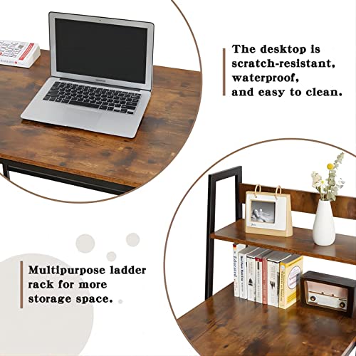 Aibiju Computer Desk with Shelf, 44 inch Home Office Writing Desk with Bookshelf, Industrial Desk with Metal Frame, Kitchen Storage Shelf Table, Office Workstation, Retro Brown YD-TMJ101H