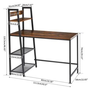 Aibiju Computer Desk with Shelf, 44 inch Home Office Writing Desk with Bookshelf, Industrial Desk with Metal Frame, Kitchen Storage Shelf Table, Office Workstation, Retro Brown YD-TMJ101H