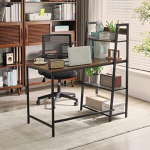 Aibiju Computer Desk with Shelf, 44 inch Home Office Writing Desk with Bookshelf, Industrial Desk with Metal Frame, Kitchen Storage Shelf Table, Office Workstation, Retro Brown YD-TMJ101H