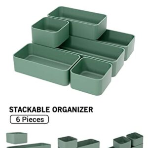 CHANCETSUI 6-Piece Stackable Drawer Organizer Set, Rectangle Trays, Narrow Makeup Vanity Storage Bins and Bathroom Office Desk Drawer Dividers, Green