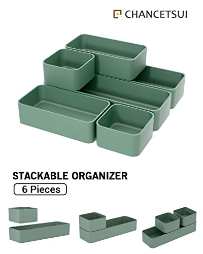 CHANCETSUI 6-Piece Stackable Drawer Organizer Set, Rectangle Trays, Narrow Makeup Vanity Storage Bins and Bathroom Office Desk Drawer Dividers, Green