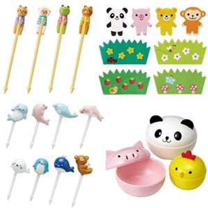 otsumami tokyo bento box accessories 4 kinds set, super cute 3 sizes mini container, kawaii decoration sheets, 8 pcs dolphin picks, 4 pcs animal long picks, japanese 4 lunch box decor set