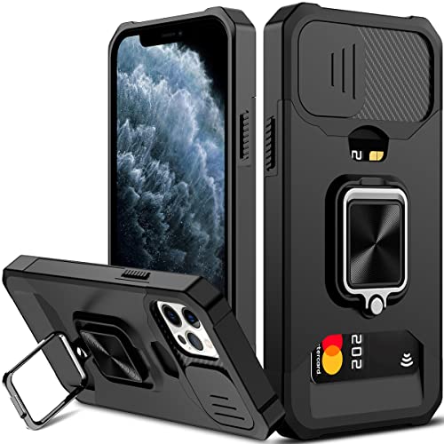 Nvollnoe for iPhone 11 Pro Max Case with Sliding Camera Cover and Card Holder Heavy Duty Protective iPhone 11 Pro Max Case with Ring Magnetic Kickstand Phone Case for iPhone 11 Pro Max 6.5''(Black)