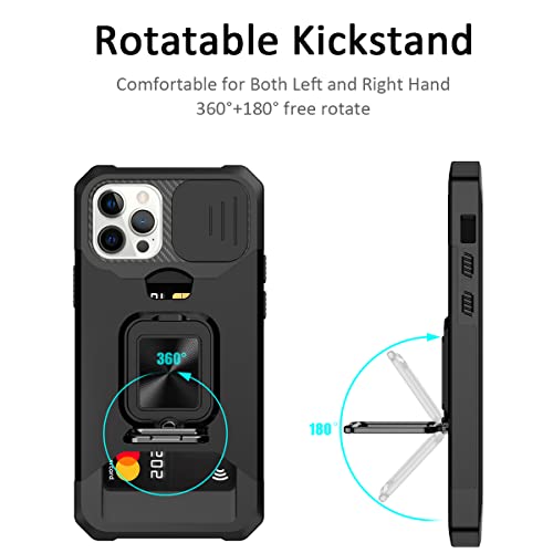 Nvollnoe for iPhone 11 Pro Max Case with Sliding Camera Cover and Card Holder Heavy Duty Protective iPhone 11 Pro Max Case with Ring Magnetic Kickstand Phone Case for iPhone 11 Pro Max 6.5''(Black)