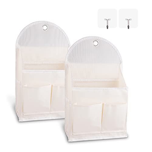 2 Pack Wall Hanging Storage Bag with Pockets, Locker Organizer Basket with Sticky Hook, Fabric Wall Organizer, Waterproof Hanging Bag for Closet Door Bedroom Bathroom Office Home Kitchen(Beige)