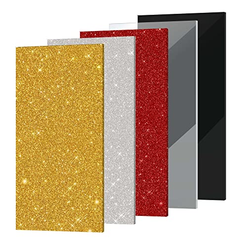 Csyidio 5 PCS Clear Acrylic Sheet for Laser Cutting Cast Glitter Acrylic Plastic Panel Sheet for DIY Art Crafts, Home Decor, 6.3 x 11.4 Inch (Clear, Black, Gold, Silver, Red)