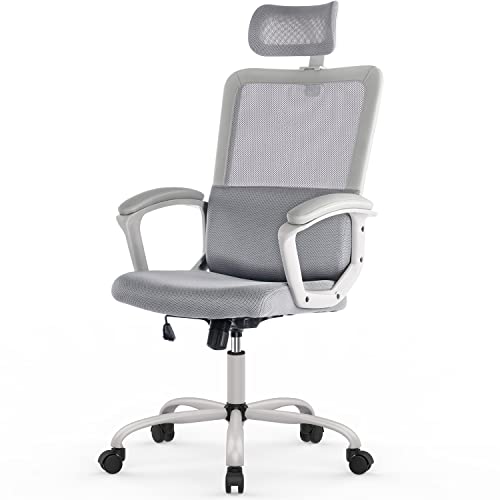 SMUG Ergonomic Home Computer Lumbar Support Mesh Adjustable Headrest Armrest and Wheels Swivel Rolling Office Chair(Grey)