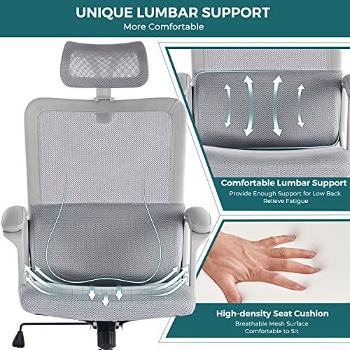 SMUG Ergonomic Home Computer Lumbar Support Mesh Adjustable Headrest Armrest and Wheels Swivel Rolling Office Chair(Grey)