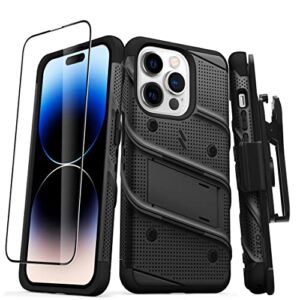 zizo bolt bundle for iphone 14 pro (6.1) case with screen protector kickstand holster lanyard - black