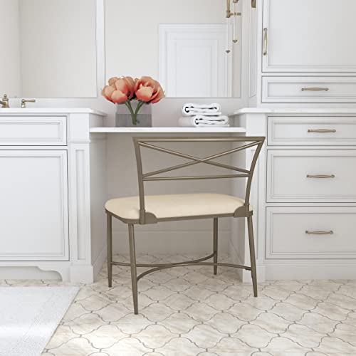 Hillsdale, Wimberly Modern Metal Vanity Stool with Rectangular Seat and X-Back Design for Makeup Room or Bathroom, Gold with Cream