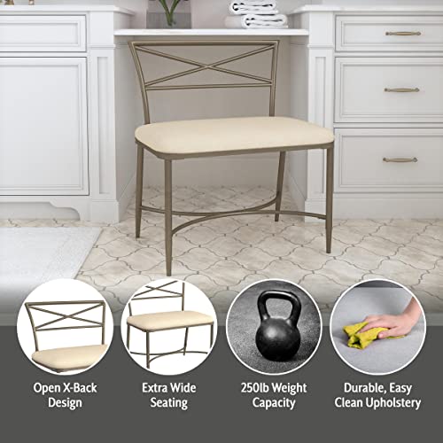 Hillsdale, Wimberly Modern Metal Vanity Stool with Rectangular Seat and X-Back Design for Makeup Room or Bathroom, Gold with Cream