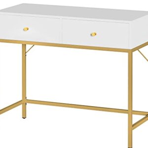 SUPERJARE Vanity Desk with 2 Drawers, Makeup Table with Golden Legs, Dressing Table for Bedroom, Computer Desk Wirting Console Table, Adjustable Feet, Metal Frame - White and Gold