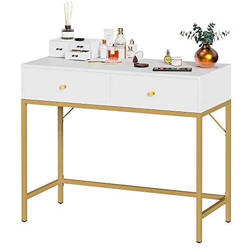 SUPERJARE Vanity Desk with 2 Drawers, Makeup Table with Golden Legs, Dressing Table for Bedroom, Computer Desk Wirting Console Table, Adjustable Feet, Metal Frame - White and Gold