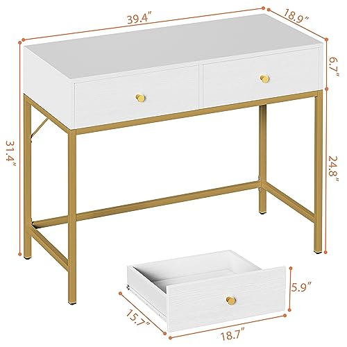 SUPERJARE Vanity Desk with 2 Drawers, Makeup Table with Golden Legs, Dressing Table for Bedroom, Computer Desk Wirting Console Table, Adjustable Feet, Metal Frame - White and Gold