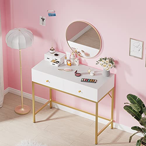 SUPERJARE Vanity Desk with 2 Drawers, Makeup Table with Golden Legs, Dressing Table for Bedroom, Computer Desk Wirting Console Table, Adjustable Feet, Metal Frame - White and Gold