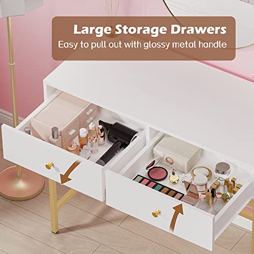 SUPERJARE Vanity Desk with 2 Drawers, Makeup Table with Golden Legs, Dressing Table for Bedroom, Computer Desk Wirting Console Table, Adjustable Feet, Metal Frame - White and Gold