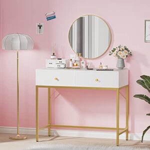 SUPERJARE Vanity Desk with 2 Drawers, Makeup Table with Golden Legs, Dressing Table for Bedroom, Computer Desk Wirting Console Table, Adjustable Feet, Metal Frame - White and Gold