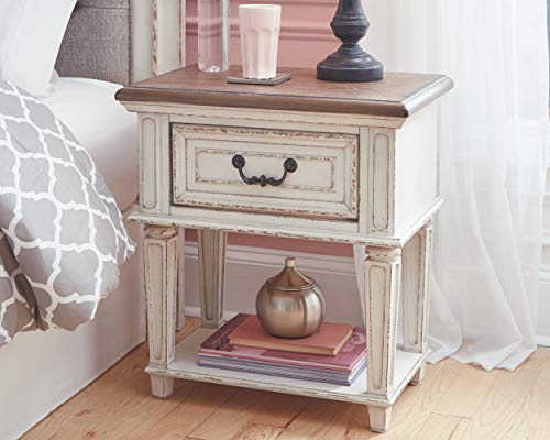 Signature Design by Ashley Realyn French Country Upholstered Tufted Accent Bench, Antique White & Realyn Traditional Cottage 1 Drawer Nightstand, Chipped White, Distressed Brown