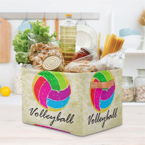 Volleyball Ball Print Storage Basket, Collapsible Canvas Fabric Storage Toys Bin Shelves Decor Laundry Organizer with Leather Handles for Closet Shelf Nursery Bedroom 15x11x9.5 In