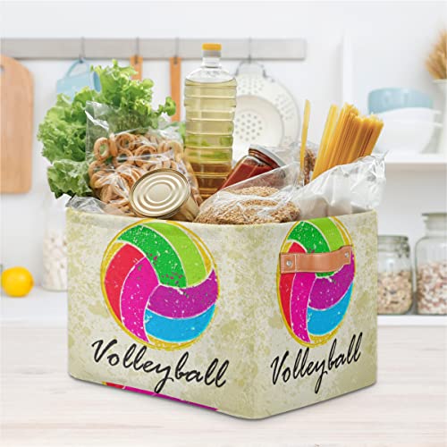 Volleyball Ball Print Storage Basket, Collapsible Canvas Fabric Storage Toys Bin Shelves Decor Laundry Organizer with Leather Handles for Closet Shelf Nursery Bedroom 15x11x9.5 In