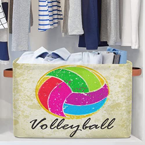 Volleyball Ball Print Storage Basket, Collapsible Canvas Fabric Storage Toys Bin Shelves Decor Laundry Organizer with Leather Handles for Closet Shelf Nursery Bedroom 15x11x9.5 In